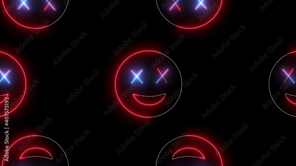 Neon emoji face, smiling sign. Web character with neon, glowing light ...