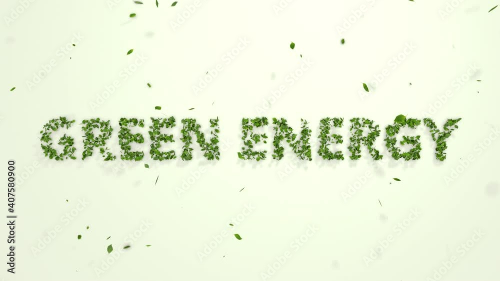 abstract 3D leaves growing and forming green energy text animation on ...