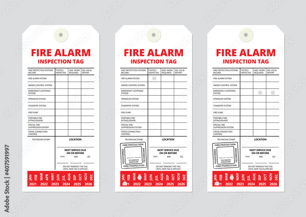Fire alarm inspection tag template. Used by fire protection technicians ...