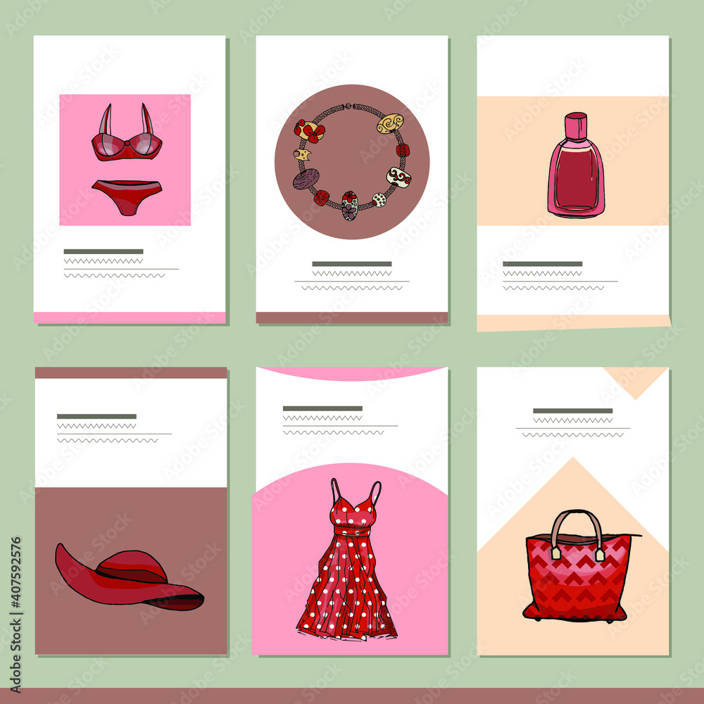 Set with different fashion templates with woman dresses and accessories ...