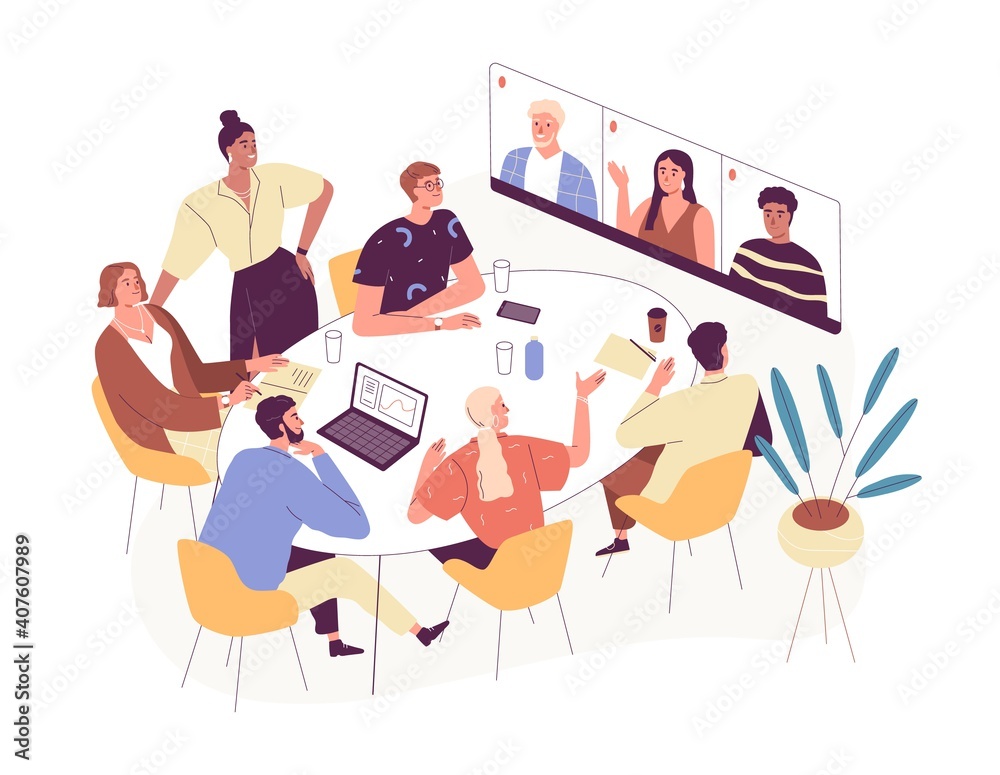 Online conference with foreign business partners. People in office and ...