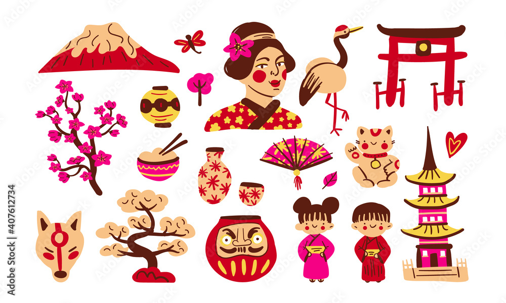 Japan hand drawn elements vector set. Japanese cartoon collection ...