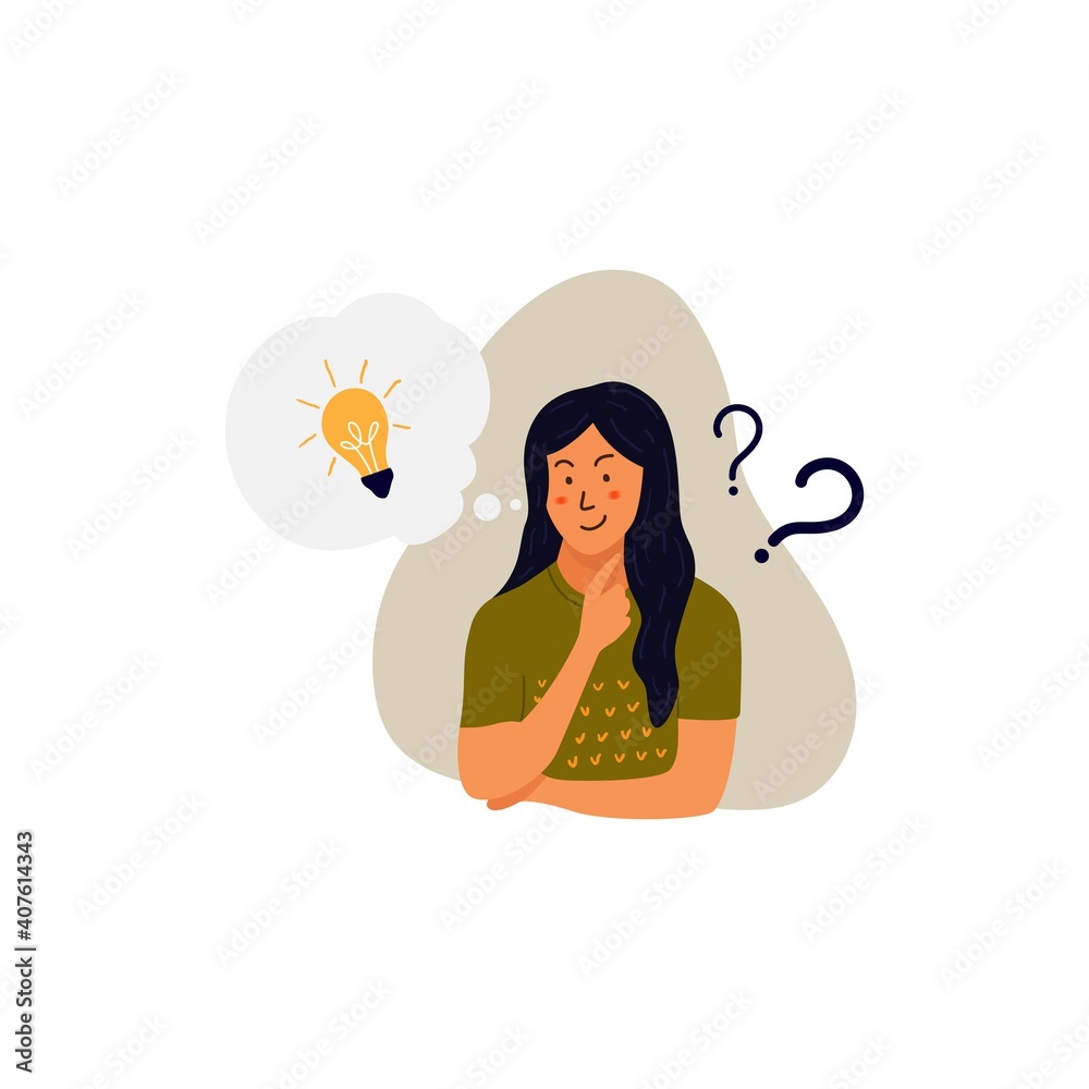 Problem solving concept, woman thinking vector, with question mark and light bulb icons. Hand ...