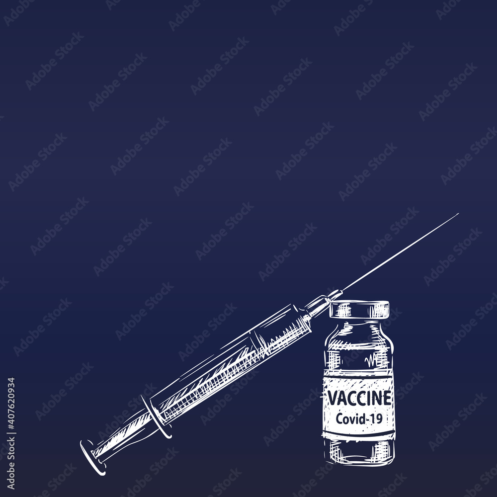Vaccine Covid-19 syringe leaned on vial medicine bottle vector drawing ...