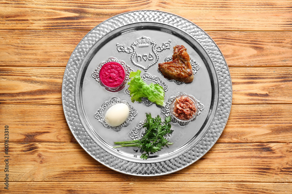 Passover Seder plate with traditional food on table Stock Photo | Adobe ...
