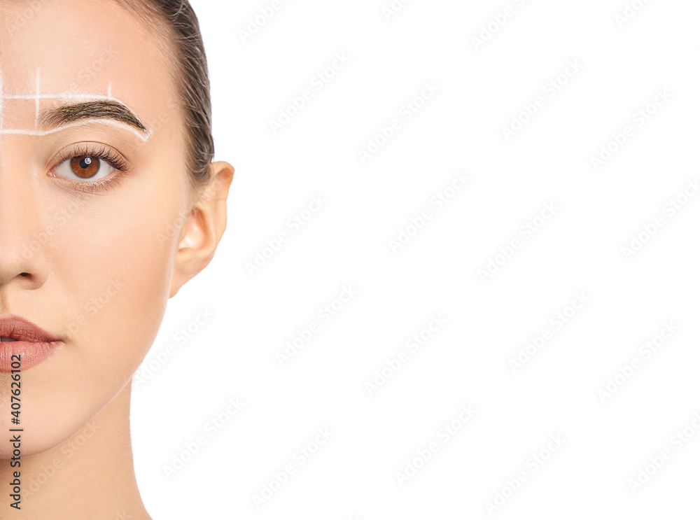 Beautiful young woman with marking for eyebrows correction against ...