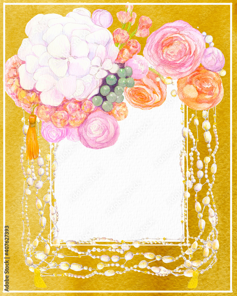 Watercolor golden frame with flowers and pearls, hand drawn hydrangea ...