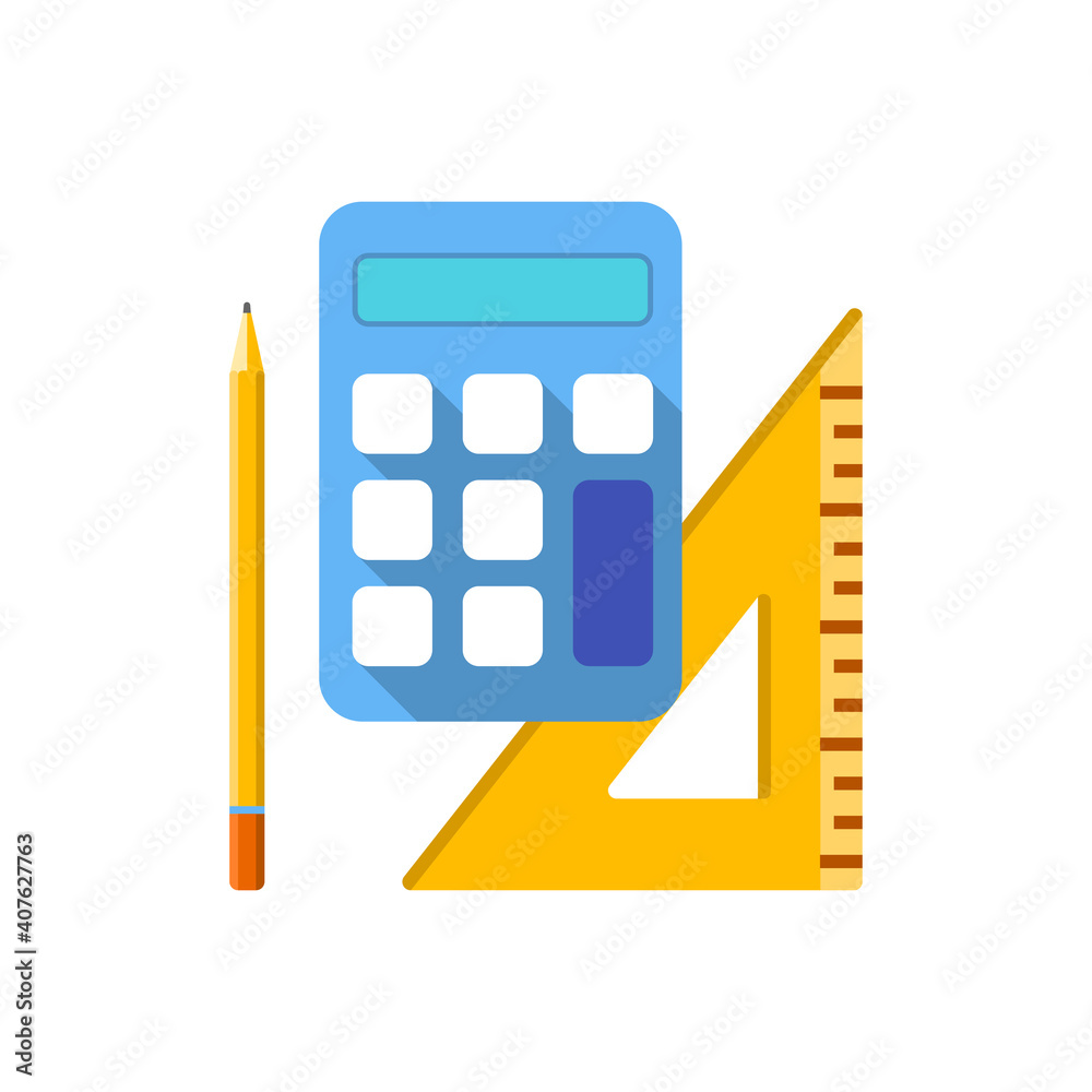 calculator, triangle ruler and pencil for computation, reckoning ...