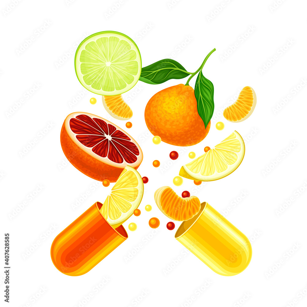 Open Hard-shelled Capsule with Citrus Fruits as Vitamins and Supplement ...
