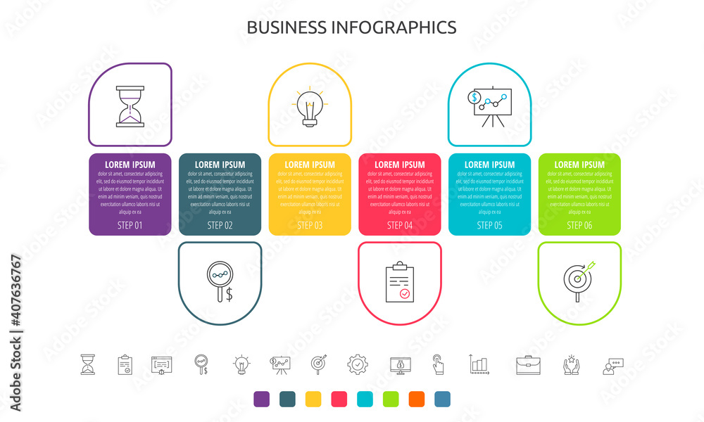 Vector infographics label with six steps, icons. Line chart. Timeline ...