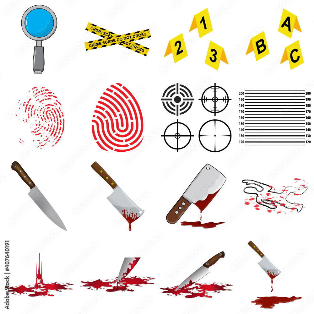 Murder icon set. Crime symbol collection. Contains murderer ...