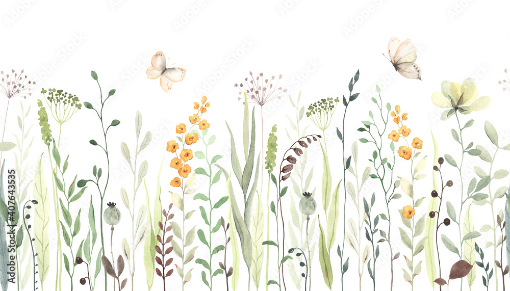 Floral seamless horizontal border with abstract yellow flowers, green ...