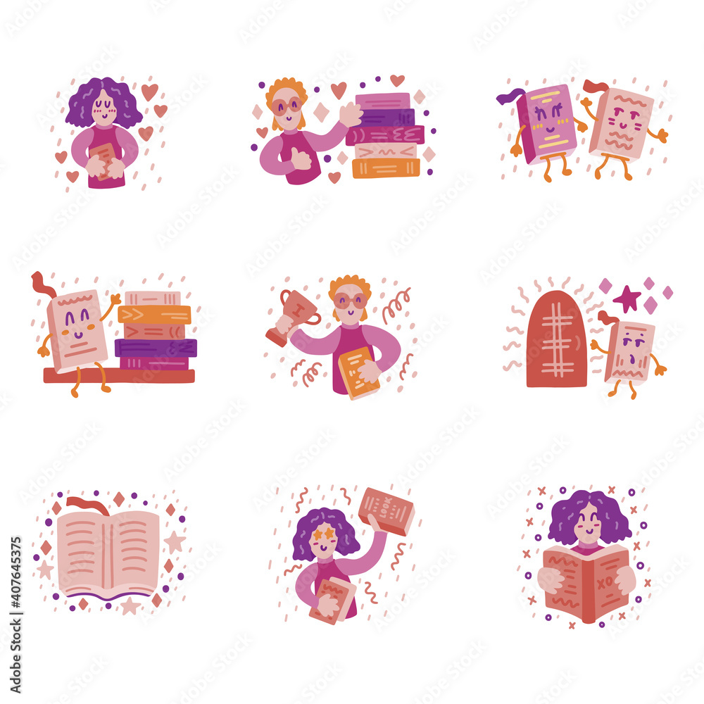 Cute colorful vector doodle set icons for book lovers and readers ...