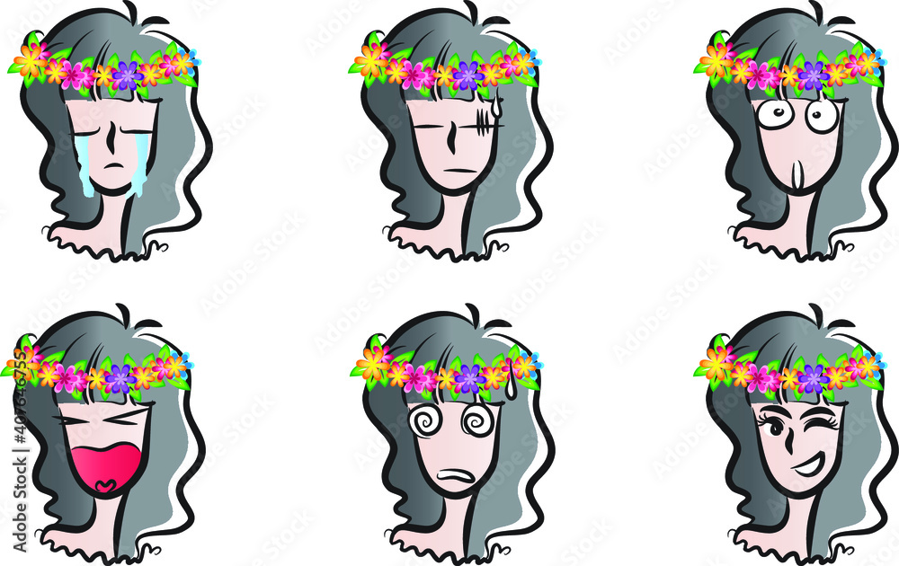 vector drawing girl with flowers emoji set Stock Vector | Adobe Stock
