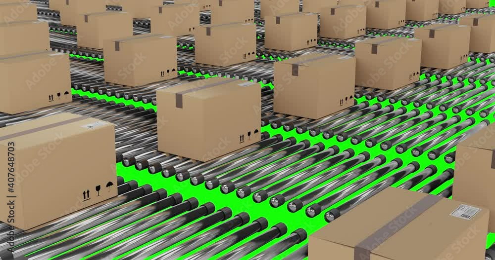 Rows of cardboard packing boxes moving on conveyor belts with green ...