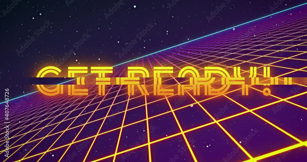 Animation of neon flickering game over text over glowing yellow grid ...