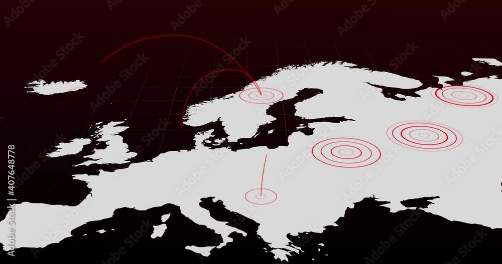 White map of europe with radiating red concentric circles spreading ...