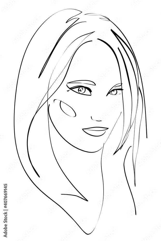 Abstract female face drawing with lines, quick sketch, fashion concept ...