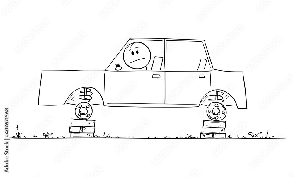 Driver or man trying to drive car without wheels, vector cartoon stick ...