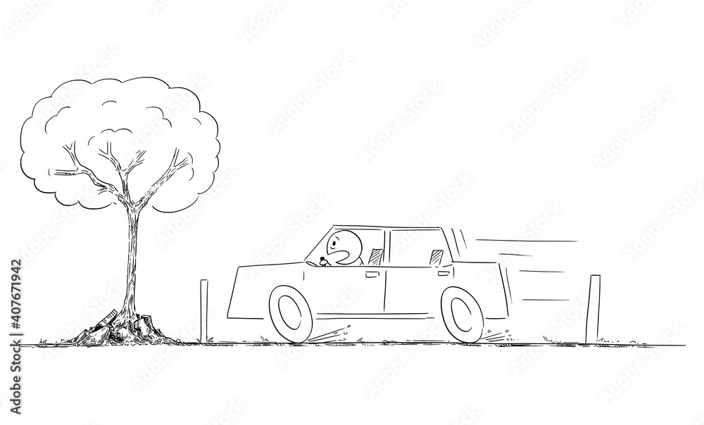 Car moving fast, tree is growing on the road, driver is shocked, nature ...