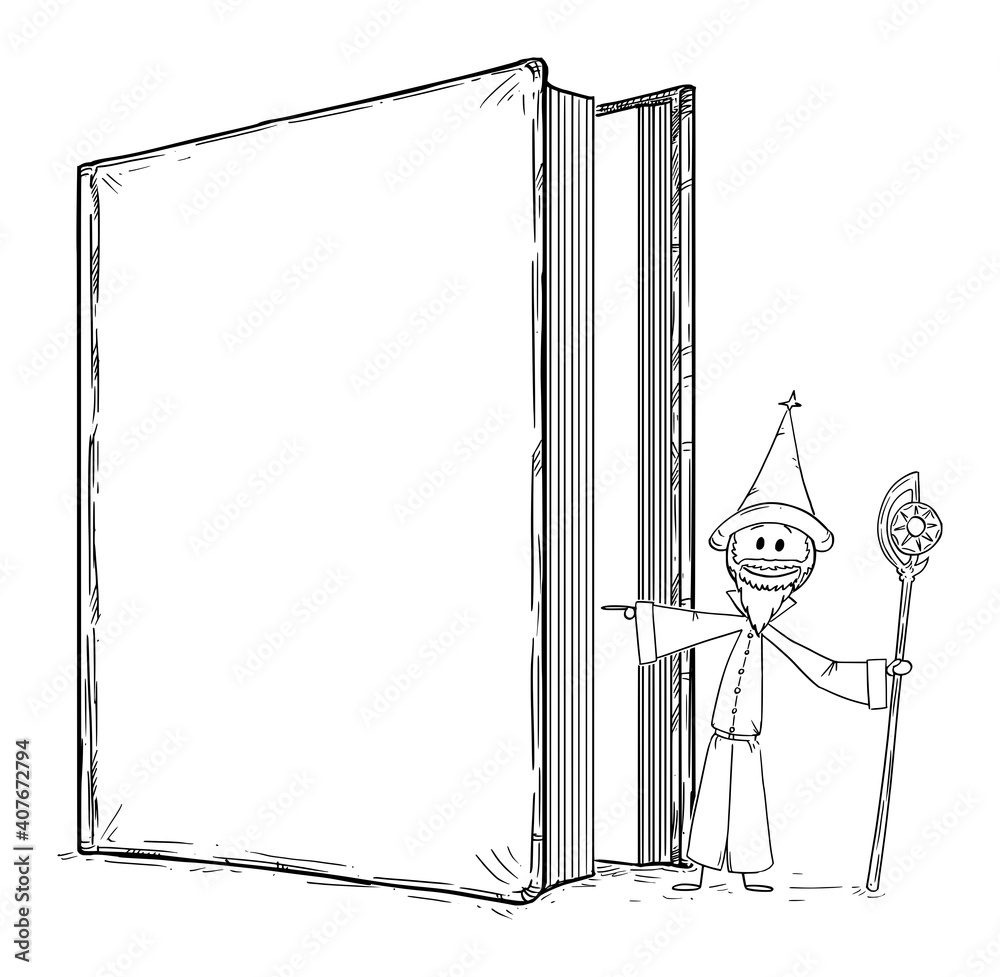 Vetor de Fantasy or fairy tale wizard as book character is inviting ...