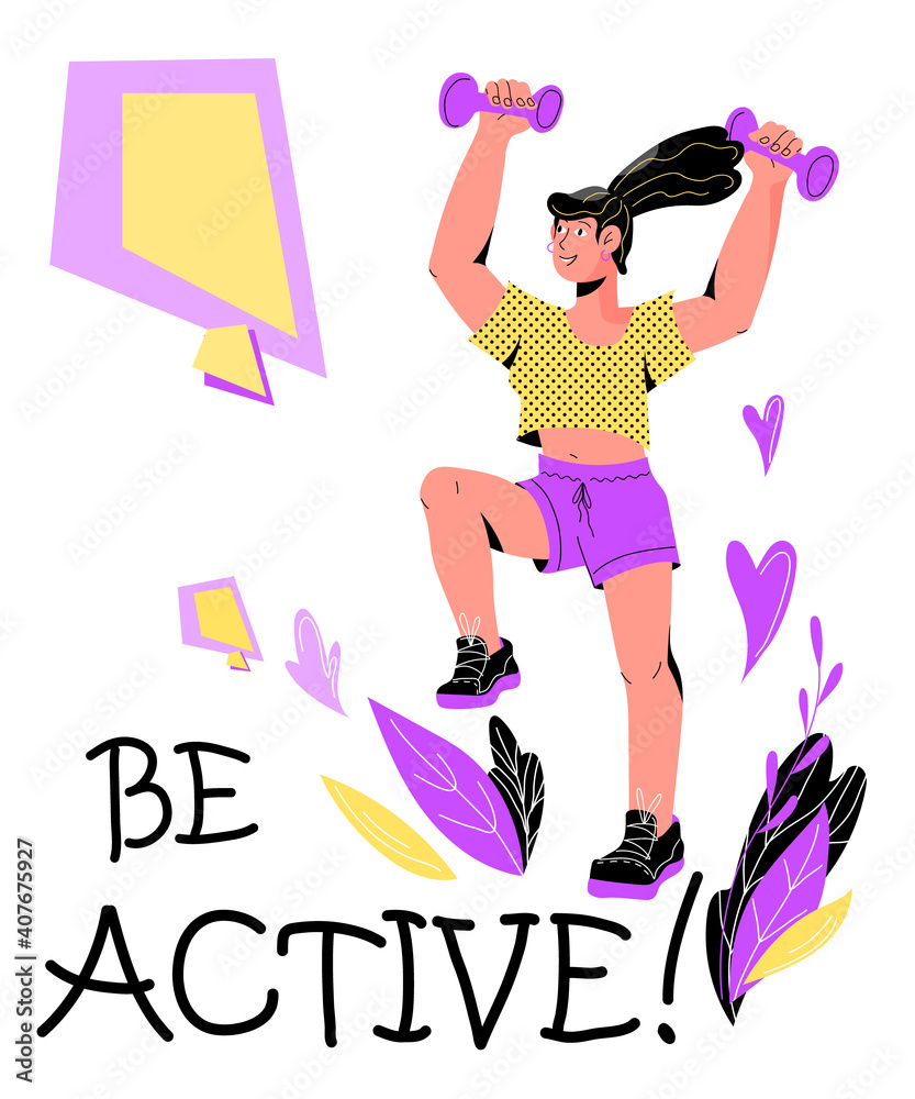 Be active card or banner template with woman doing sport exercises with ...
