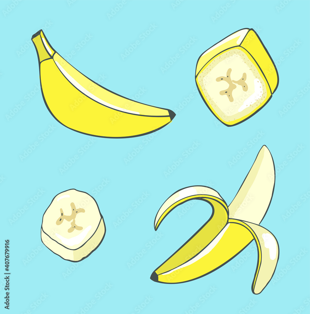 A set of vector drawings of different bananas: whole peeled, half ...