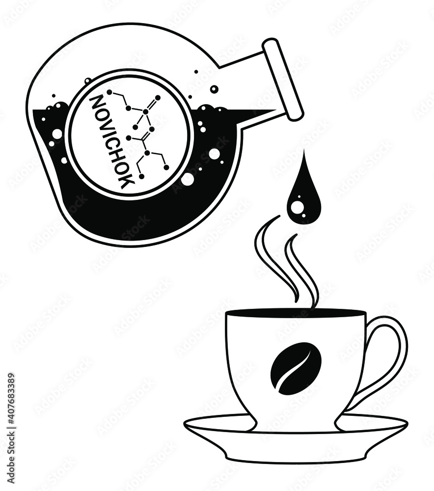 Poisonous liquid dripping from a chemical glass flasks into coffee cup ...