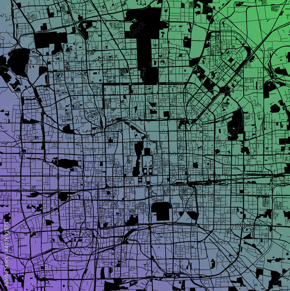 Beijing, China (CHN) - Urban vector megacity map with parks, rail and ...