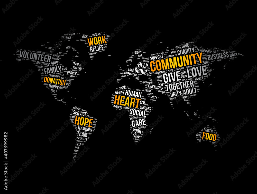 Community word cloud in shape of world map, social concept background ...