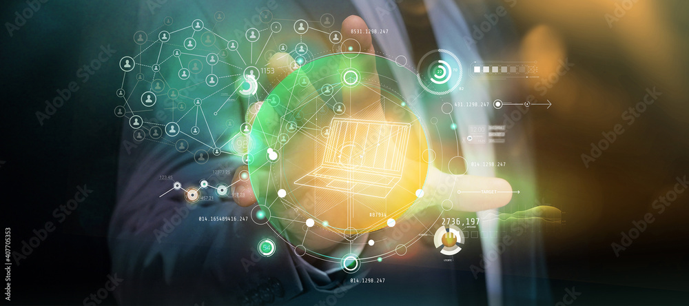 Working with a virtual infographic panel in augmented reality. Stock ...