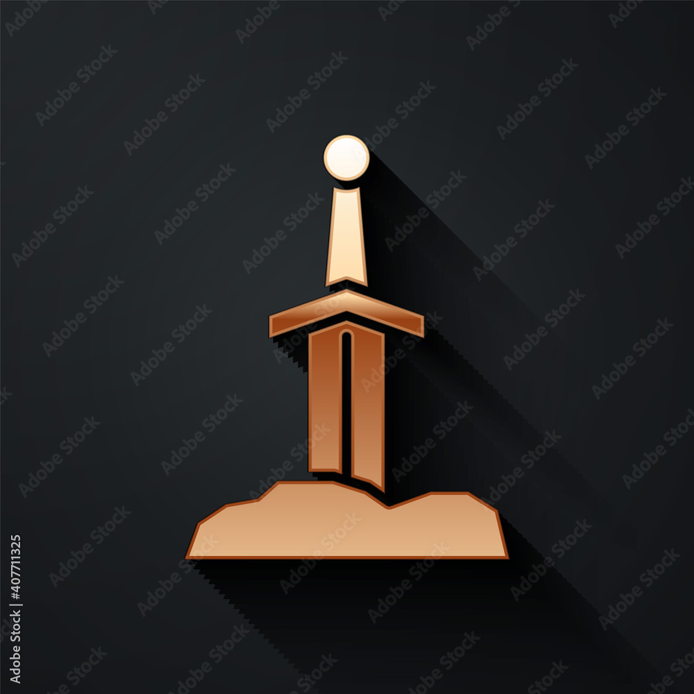 Gold Sword in the stone icon isolated on black background. Excalibur ...