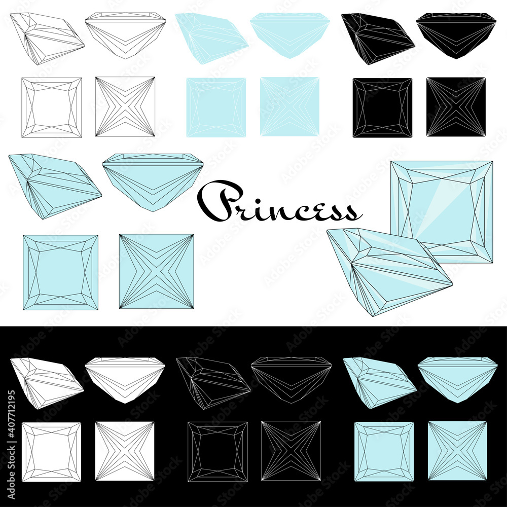 Princess cut. Cutting gems stones. Types of diamond cut. Four sides of ...