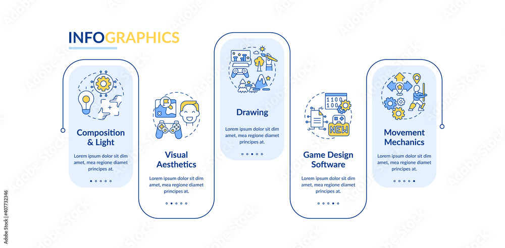 Game designer skills vector infographic template. Visual aesthetics ...