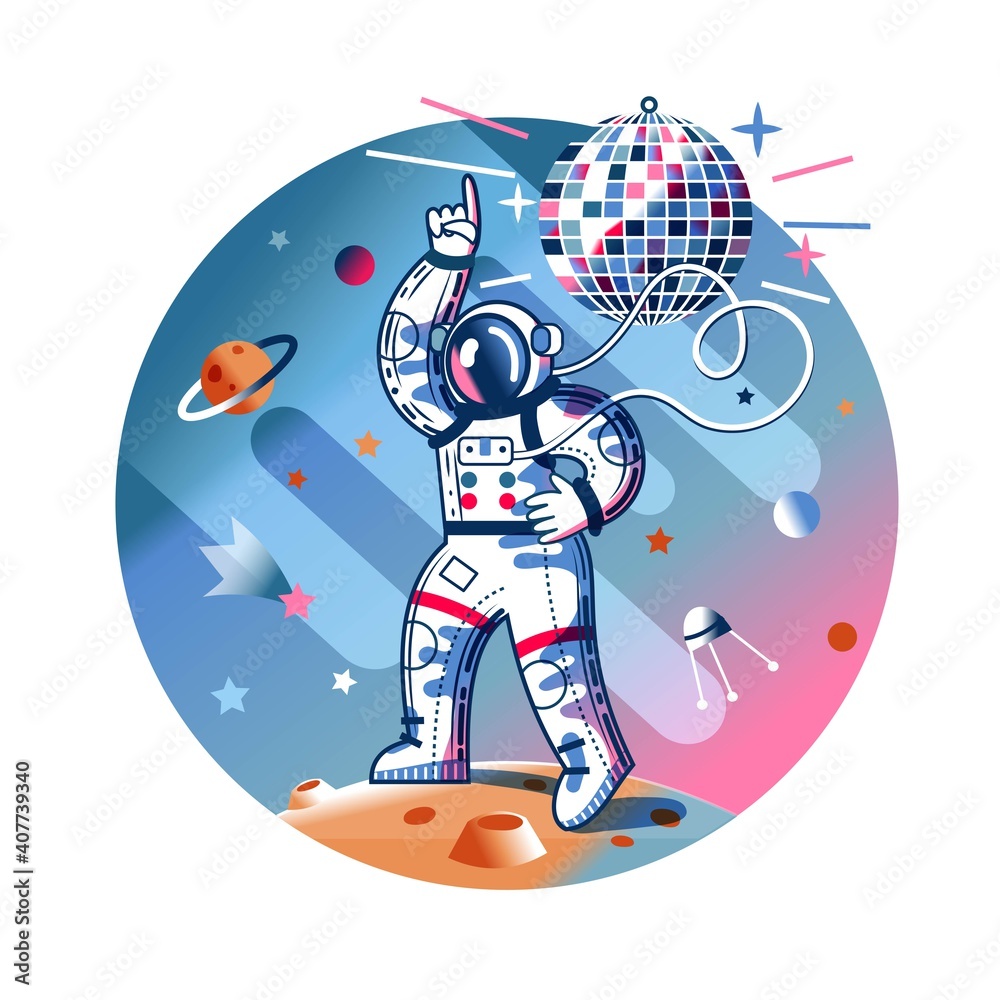 Funny astronaut dancing to disco in space. Man listening to funky disco ...