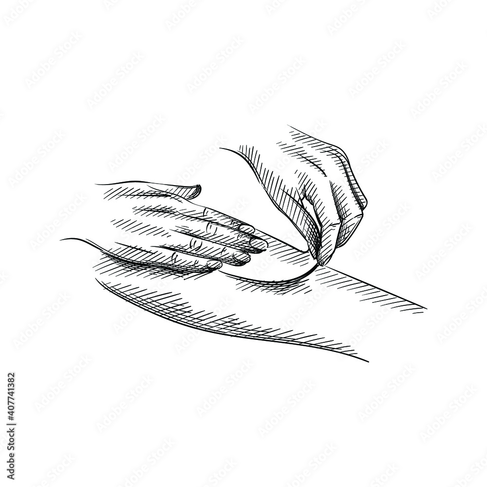 Hand drawn sketch of hands applying strip for waxing on a white ...