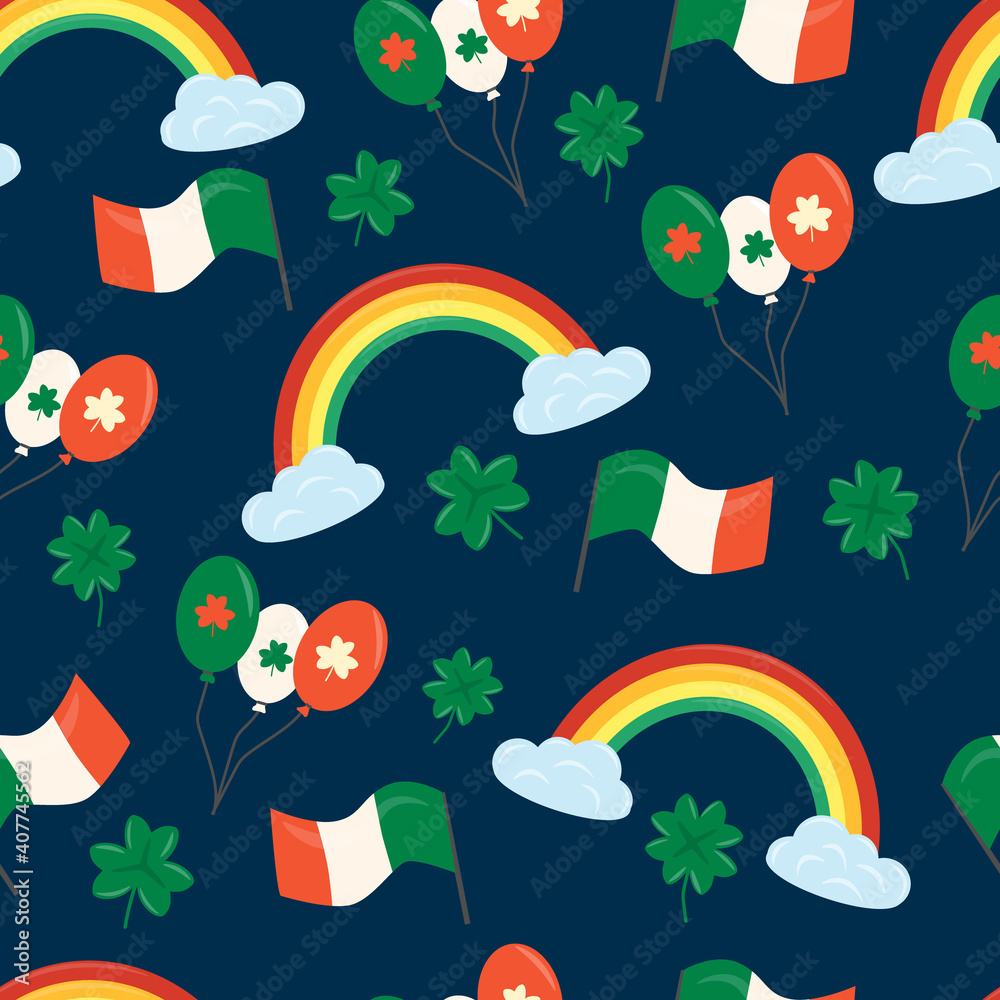 Seamless pattern for St. Patric's Day with clover, rainbow, balloons ...