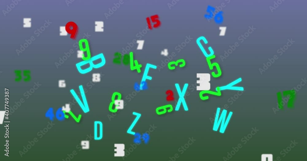 Digital animation of multiple changing numbers and alphabets floating against blue background ...