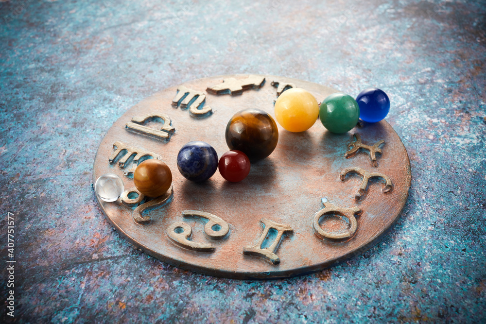 Zodiac horoscope symbols with solar system planets stones. Stock Photo ...