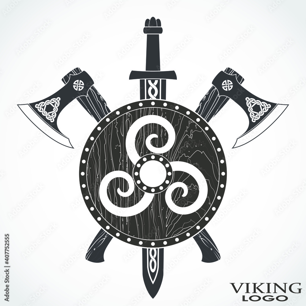 viking arms set shield axe and sword heraldry logo design Stock Vector ...