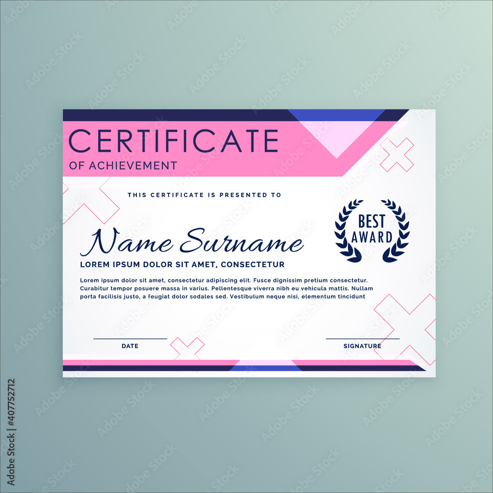 Beautiful vector certificate design template. Pink certificate in a ...