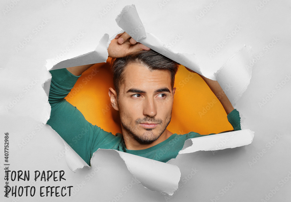 Hole in Torn Paper Sheet Photo Effect Mockup Stock Template | Adobe Stock