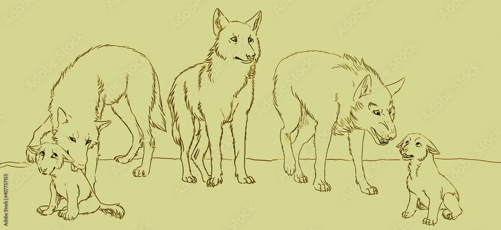 Black and white digital illustration of three adult wolves separating ...