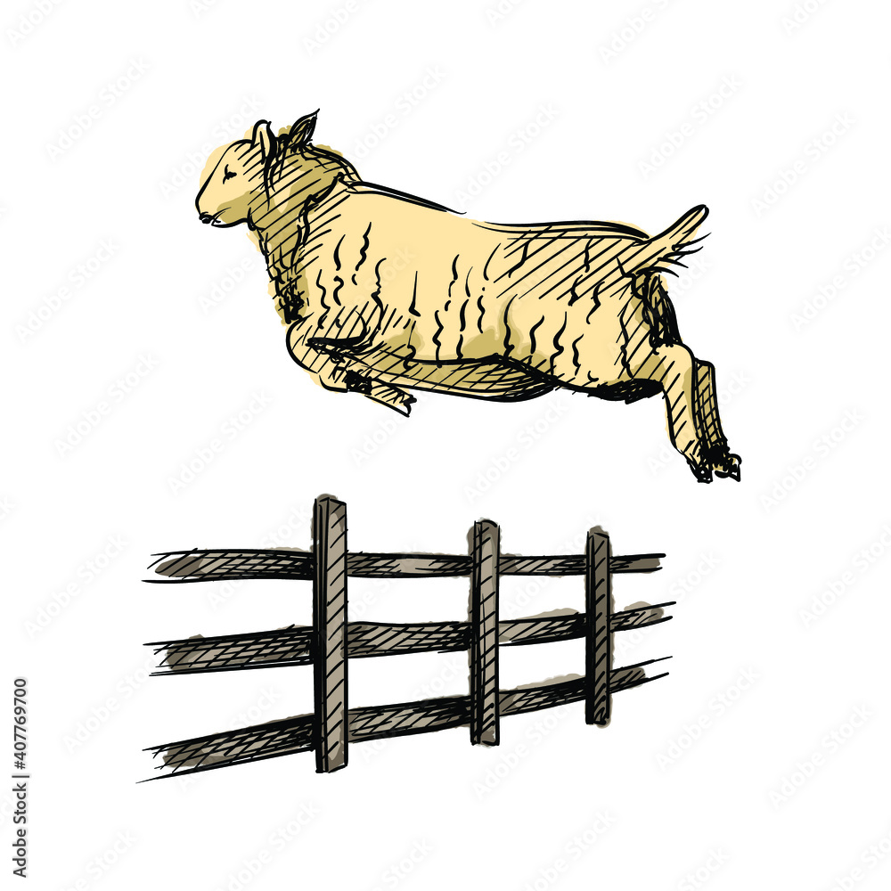 Watercolor colorfull Hand drawn sketch of sheep jumping over the fence ...