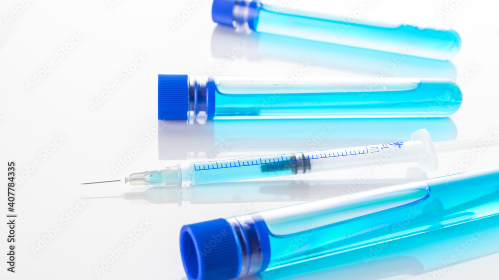 Vaccination viruses. Medical syringe with needle for protection flu ...