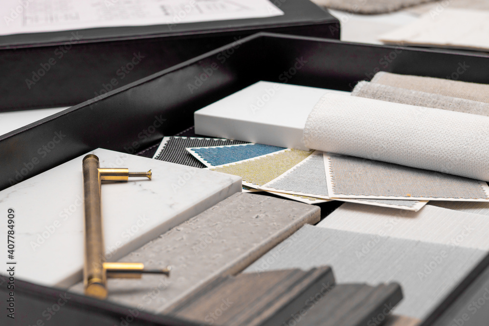 Interior designer's working table, an architectural plan of the house ...