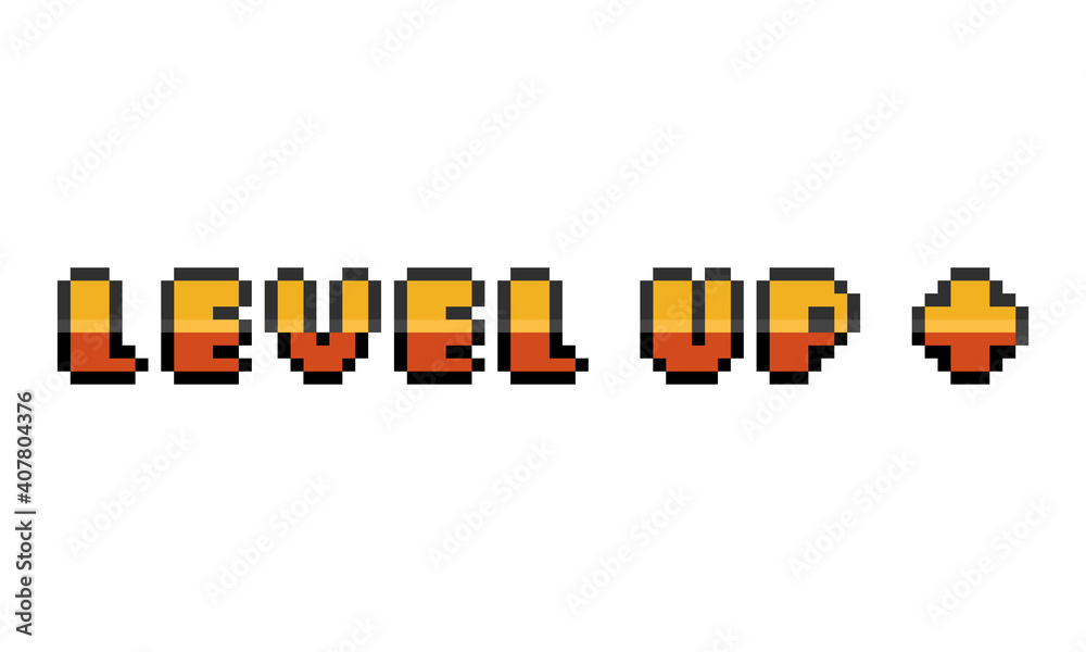 Pixel art cartoon gold level up text with plus sign. Stock Vector ...