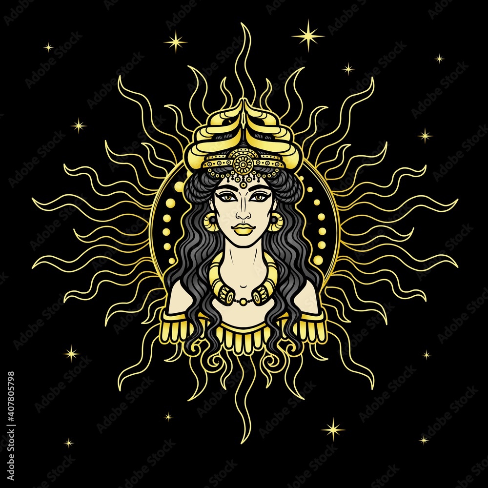 Cartoon drawing: beautiful woman in a horned crown In the glow of the ...