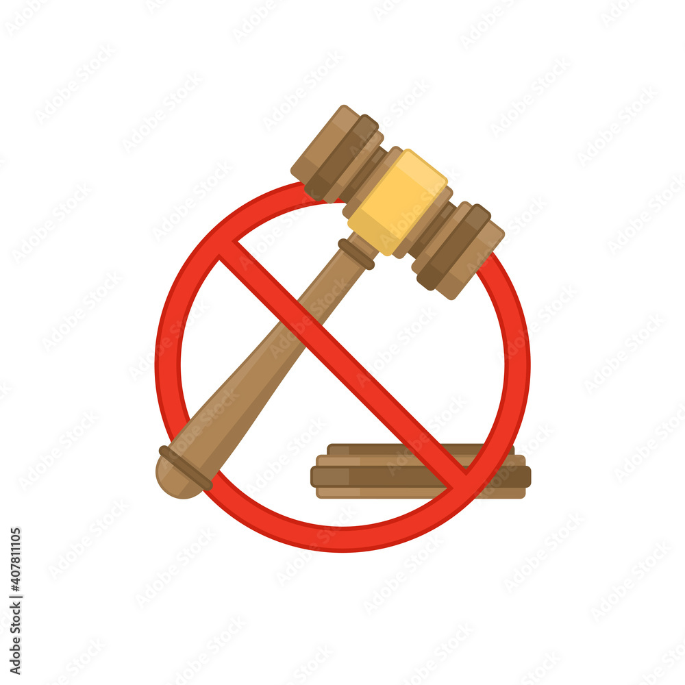 No to law. Stop sign and Hammer vector red icon. Auction hammer ...