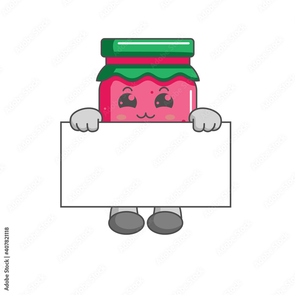 Cute kawaii strawberry jam characters standing behind a board Stock ...